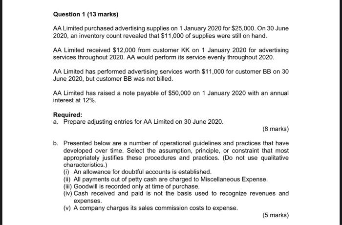 Solved Question 1 (13 marks) AA Limited purchased | Chegg.com