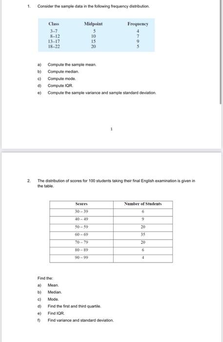 Solved 1. Consider the sample data in the following | Chegg.com