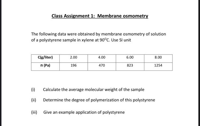 Solved Class Assignment 1: Membrane osmometry The following | Chegg.com