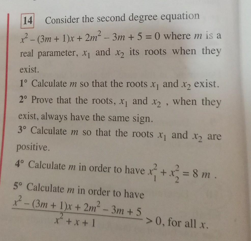 Solved 14 Consider the second degree equation x? - (3m +1)x | Chegg.com