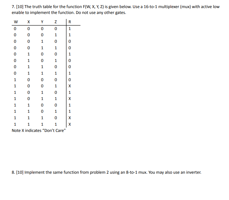 Solved 7. [10] ﻿The truth table for the function \( ﻿F(W, | Chegg.com