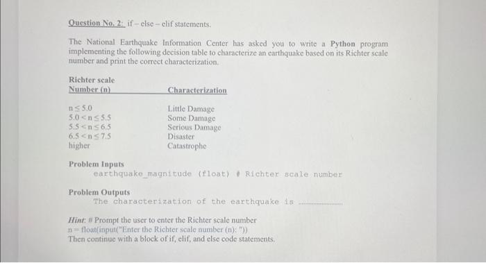 Solved Question No, 2: if-else-elif statements: The National | Chegg.com
