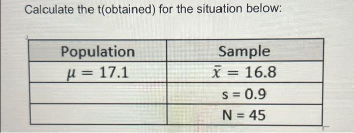Solved Calculate the t (obtained) for the situation below: | Chegg.com