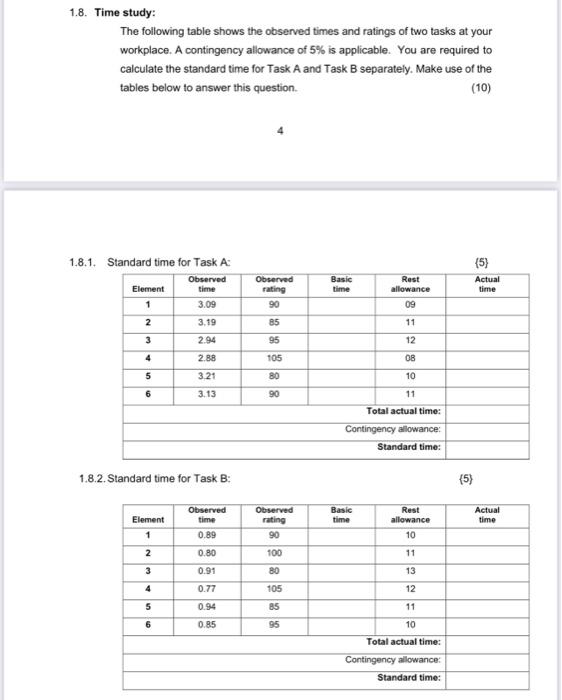 Solved 1.8. Time study: The following table shows the | Chegg.com