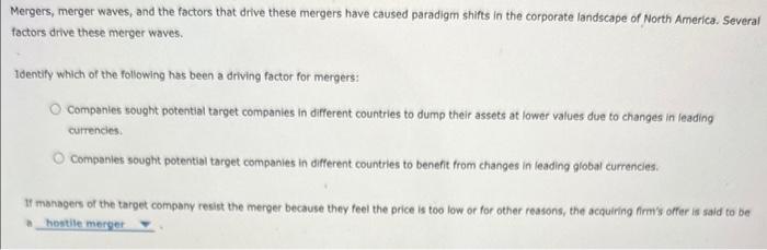 Solved Mergers, merger waves, and the factors that drive | Chegg.com