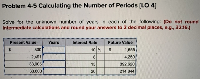 Solved Problem 4-5 Calculating the Number of Periods [LO 4] | Chegg.com
