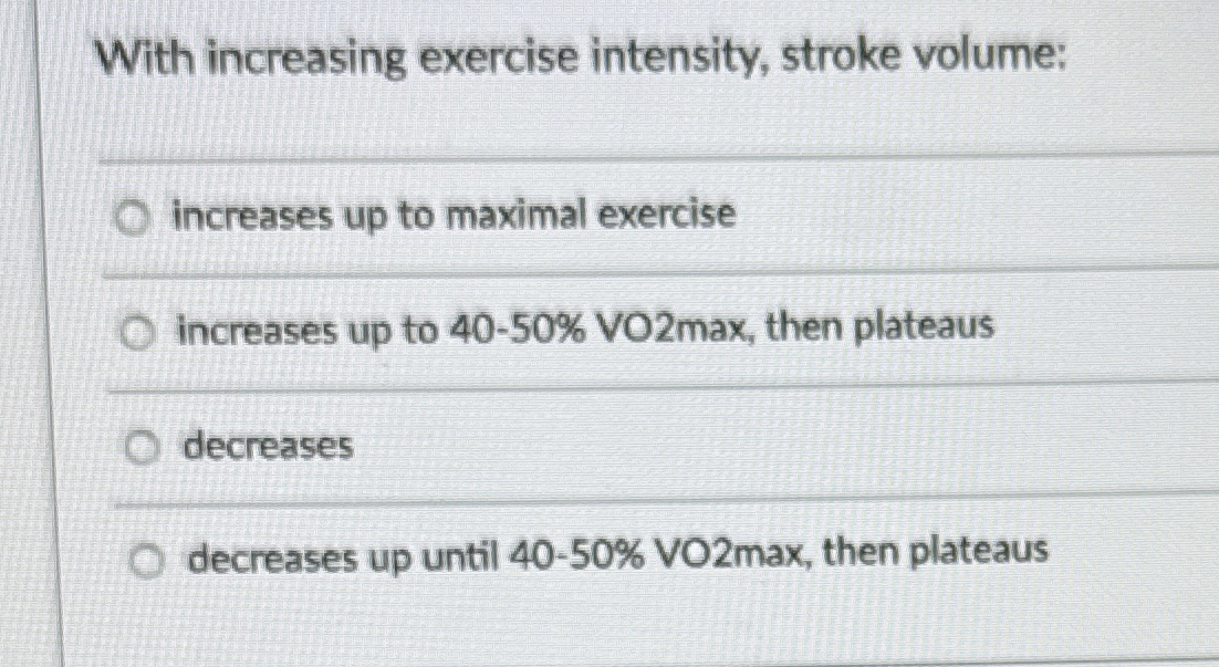 Solved With increasing exercise intensity, stroke | Chegg.com