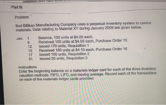 Solved computea ani Lac Part III Problem Bud Billikan | Chegg.com