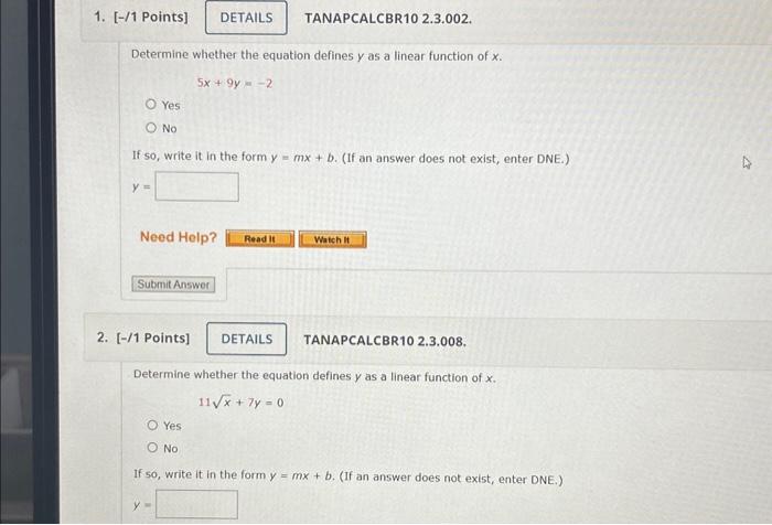 Solved Determine whether the equation defines y as a linear | Chegg.com