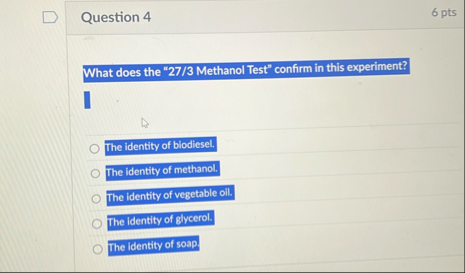 Solved Question 46 ﻿ptsWhat does the "27/3 ﻿Methanol Test" | Chegg.com