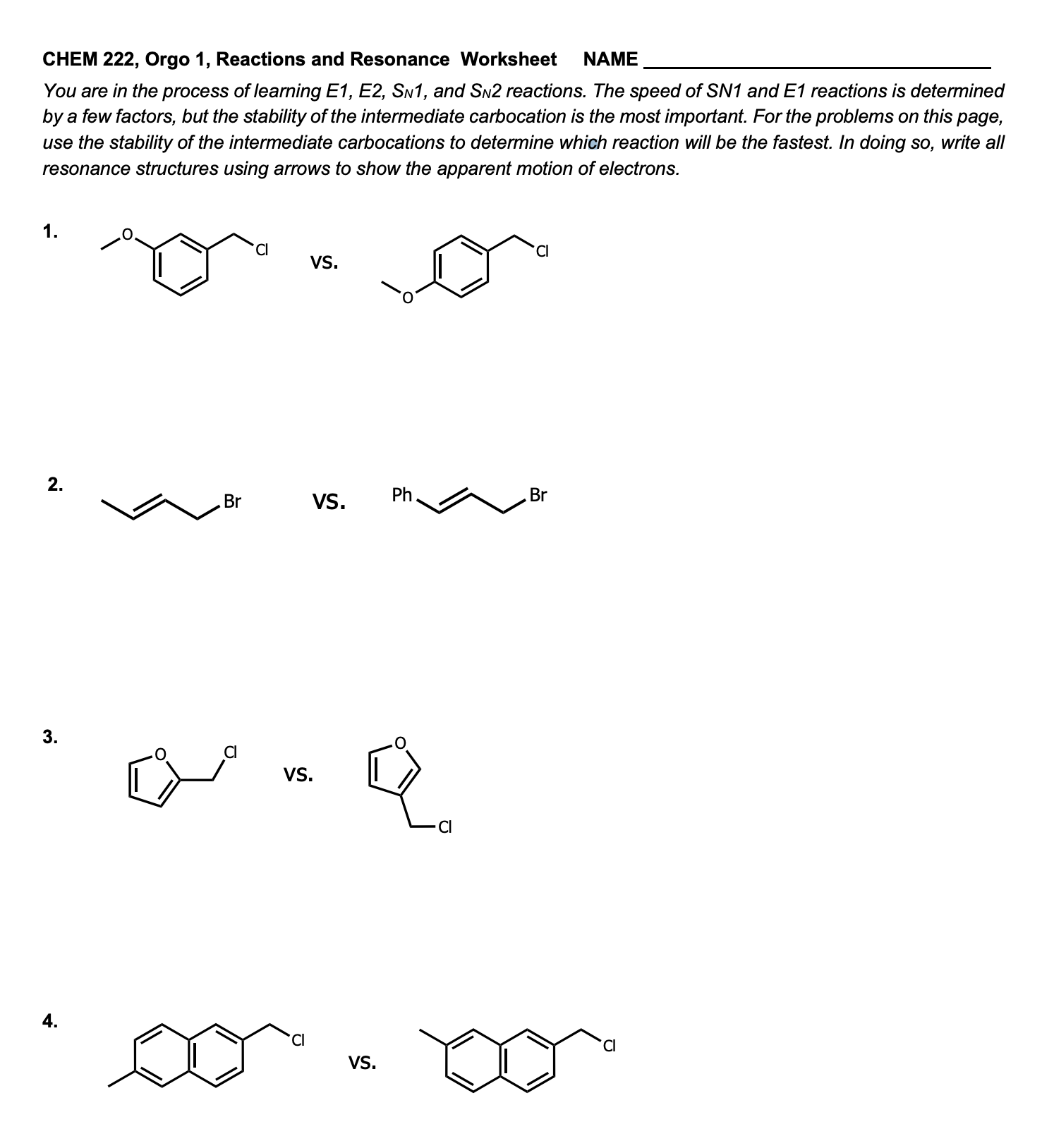 Solved CHEM 222, ﻿Orgo 1, ﻿Reactions and Resonance Worksheet | Chegg.com