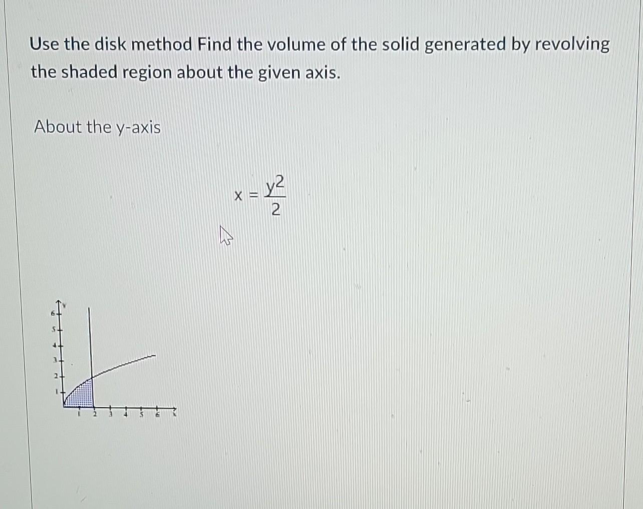 Solved Use the disk method Find the volume of the solid | Chegg.com