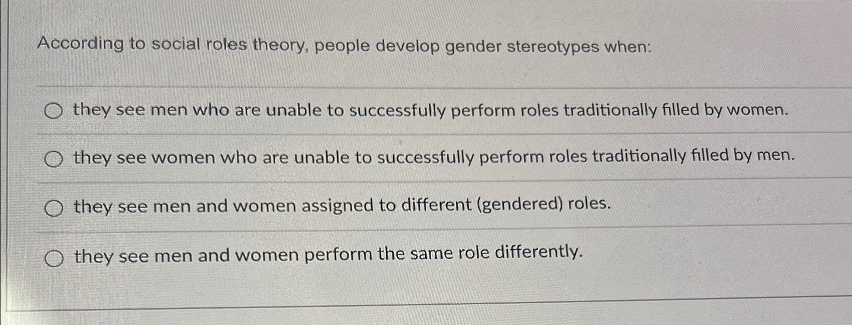 Solved According to social roles theory, people develop | Chegg.com