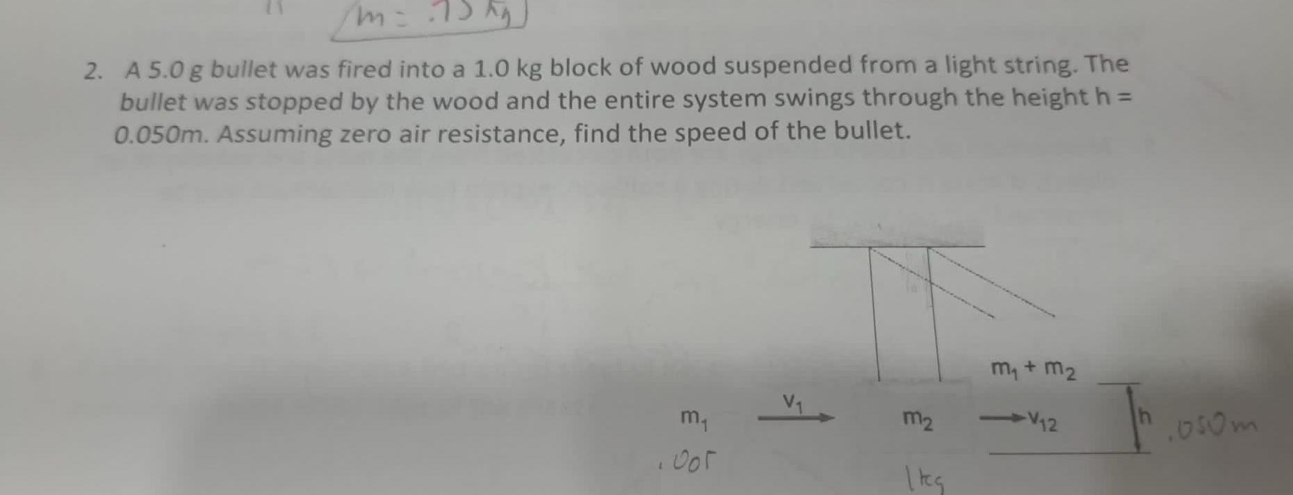 Solved A 5.0g bullet was fired into a 1.0kg block of wood | Chegg.com