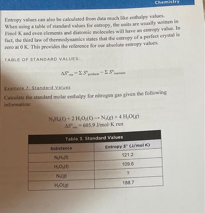 Solved Chemistry Entropy values can also be calculated from | Chegg.com