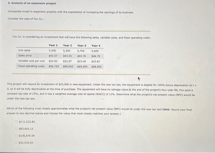 Solved 3. Analysis of an expansion project Companies invest | Chegg.com