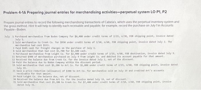 Solved Problem 4-1A Preparing journal entries for | Chegg.com