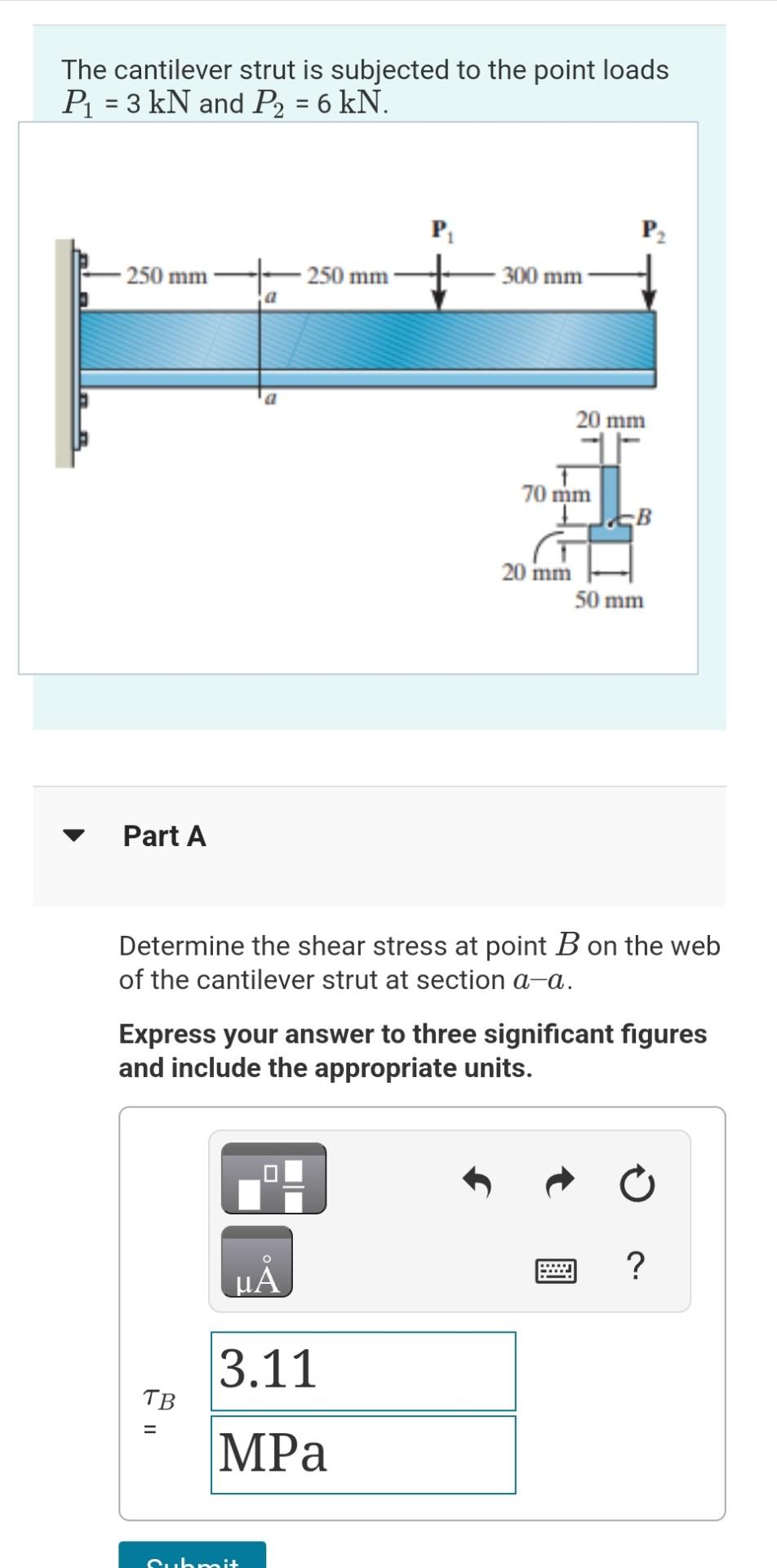 Solved The cantilever strut is subjected to the point loads | Chegg.com