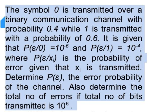 Solved The Symbol 0 Is Transmitted Over A Binary
