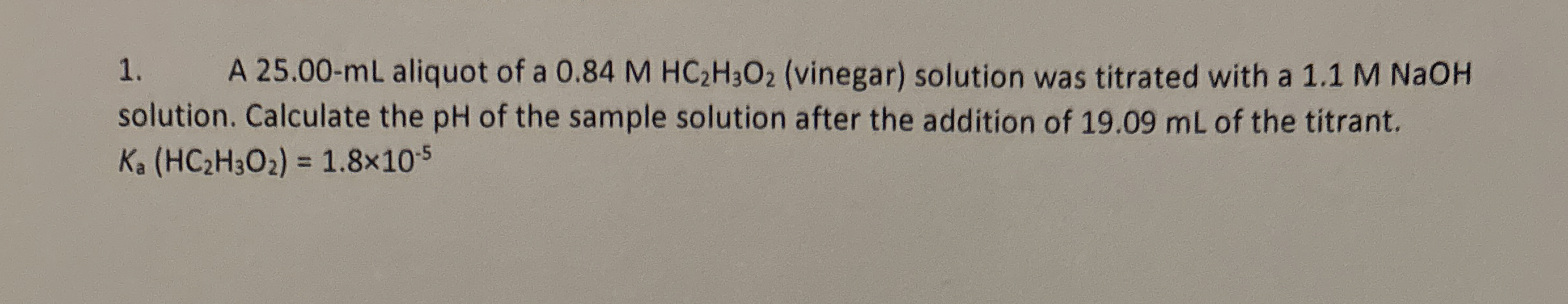 Solved by an EXPERT A 25.00-mL ﻿aliquot of a 0.84MHC2H3O2 (vinegar) | Chegg.com
