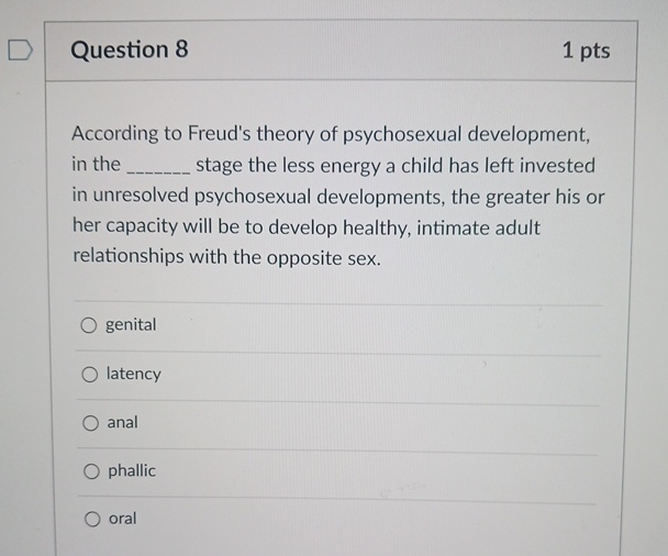 Solved Question 81ptsAccording to Freud's theory of | Chegg.com