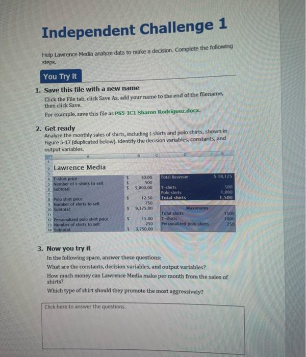 Independent Challenge 1 Help Lawrence Media analyze | Chegg.com