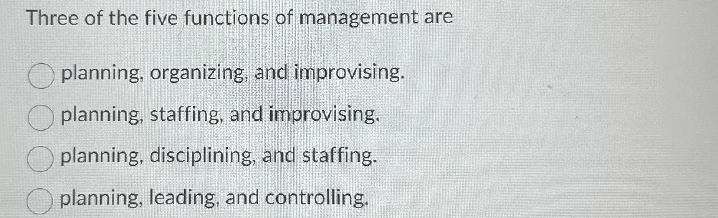 Solved Three of the five functions of management | Chegg.com