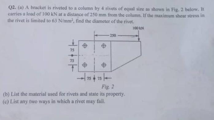Solved Q2. (a) A bracket is riveted to a column by 4 rivets | Chegg.com