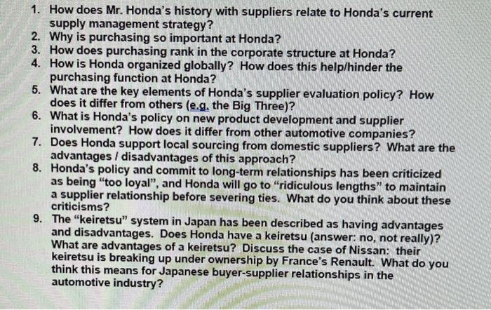 Solved 1. How does Mr. Honda's history with suppliers relate | Chegg.com