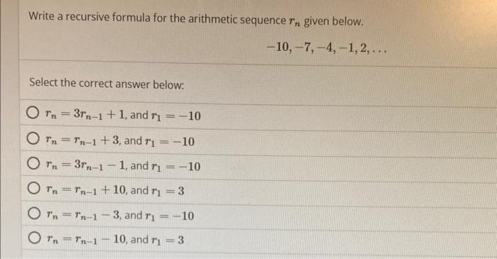 Solved Write a recursive formula for the arithmetic sequence | Chegg.com