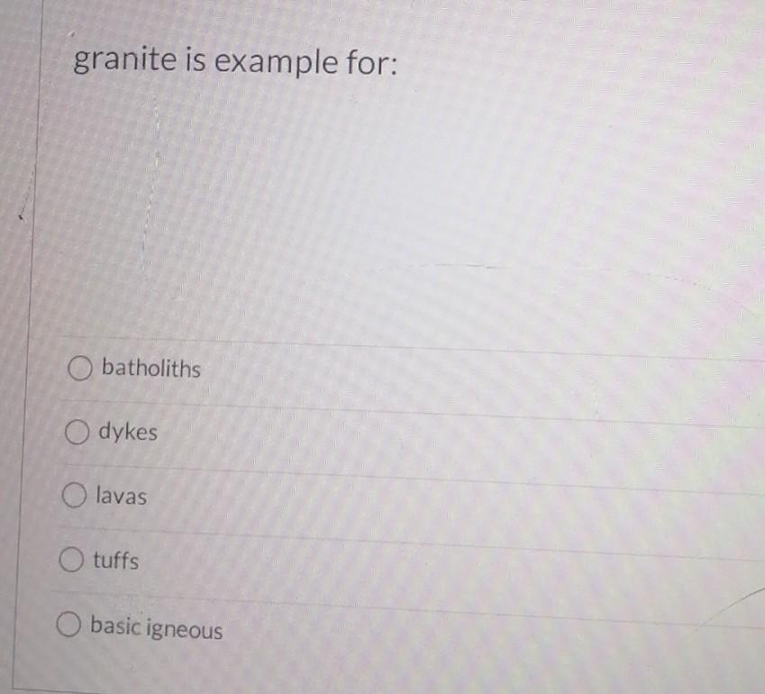 Solved granite is example for: batholiths O dykes Olavas | Chegg.com