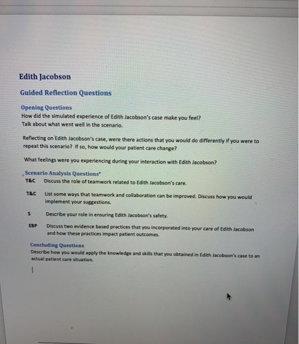 Edith Jacobson Guided Reflection Questions Opening | Chegg.com