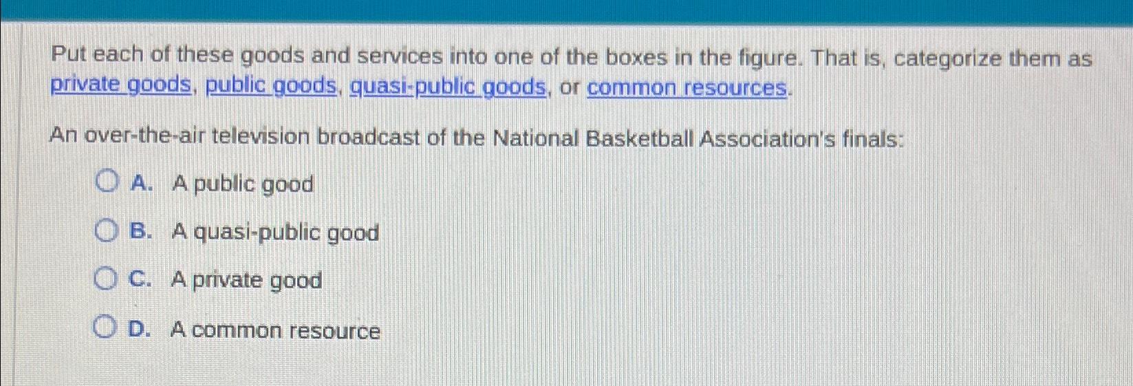 Solved Put each of these goods and services into one of the | Chegg.com