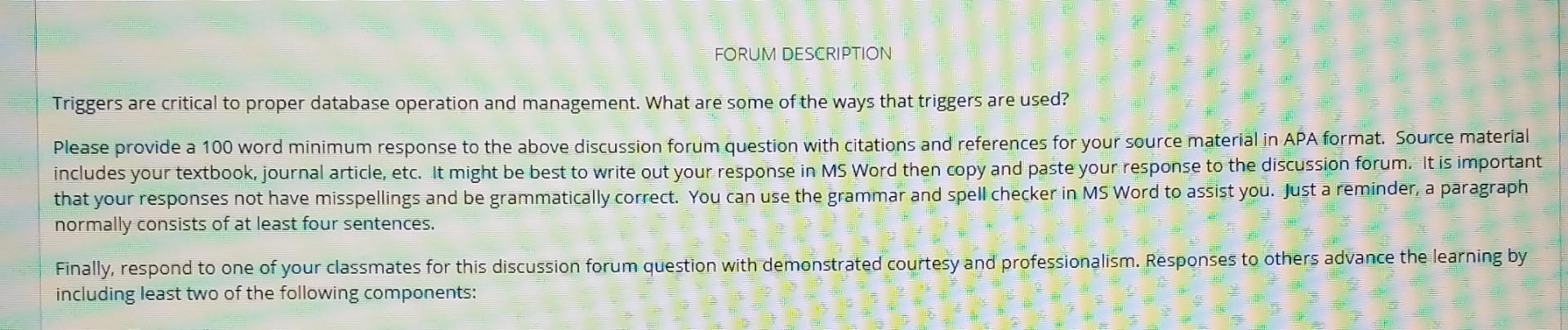 Solved Triggers are critical to proper database operation | Chegg.com