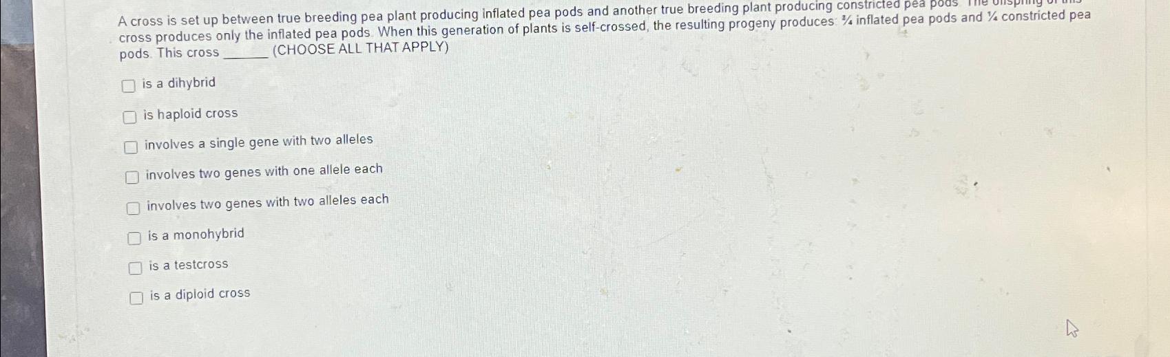 Solved A cross is set up between true breeding pea plant | Chegg.com