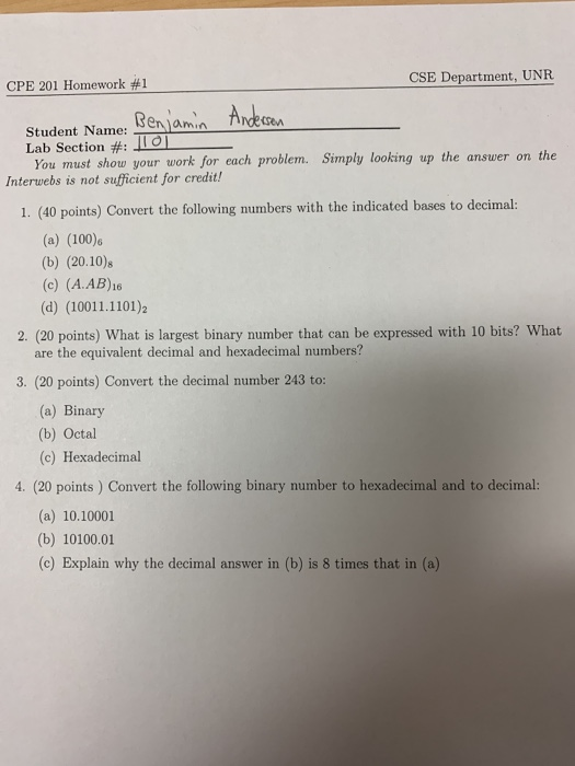 Solved CPE 201 Homework #1 CSE Department, UNR Student Name: | Chegg.com