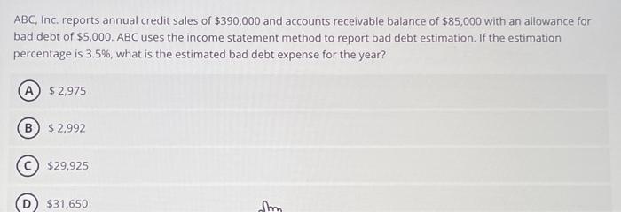 Solved ABC, Inc. reports annual credit sales of $390,000 and | Chegg.com