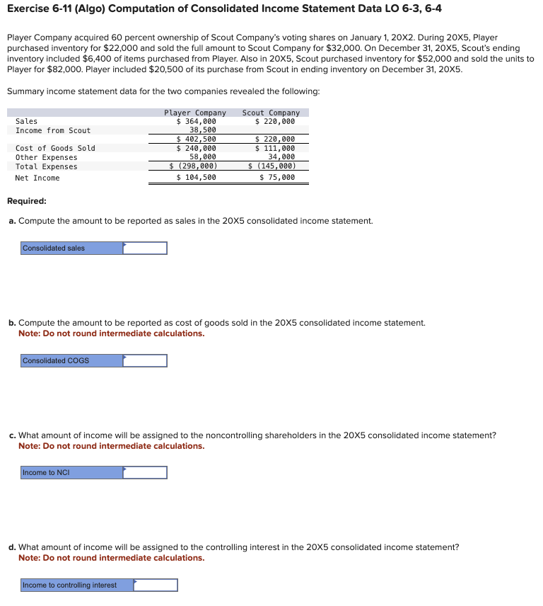 Solved Exercise 6-11 (Algo) ﻿Computation of Consolidated | Chegg.com
