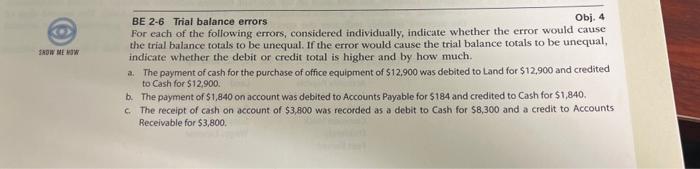 Solved BE 2-6 Trial balance errors Obj. 4 For each of the | Chegg.com