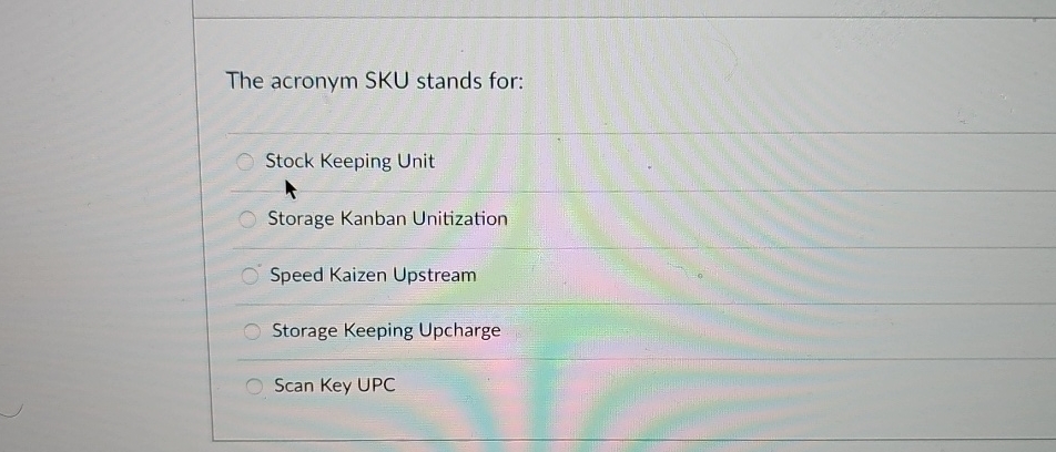 Solved The acronym SKU stands for:Stock Keeping UnitStorage | Chegg.com