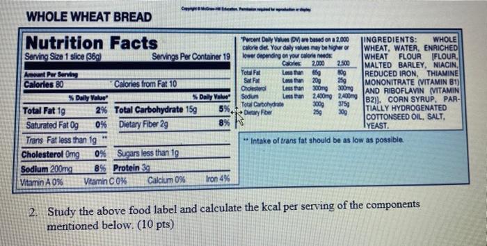 WHOLE WHEAT BREAD * Intake of trans fat should be as | Chegg.com