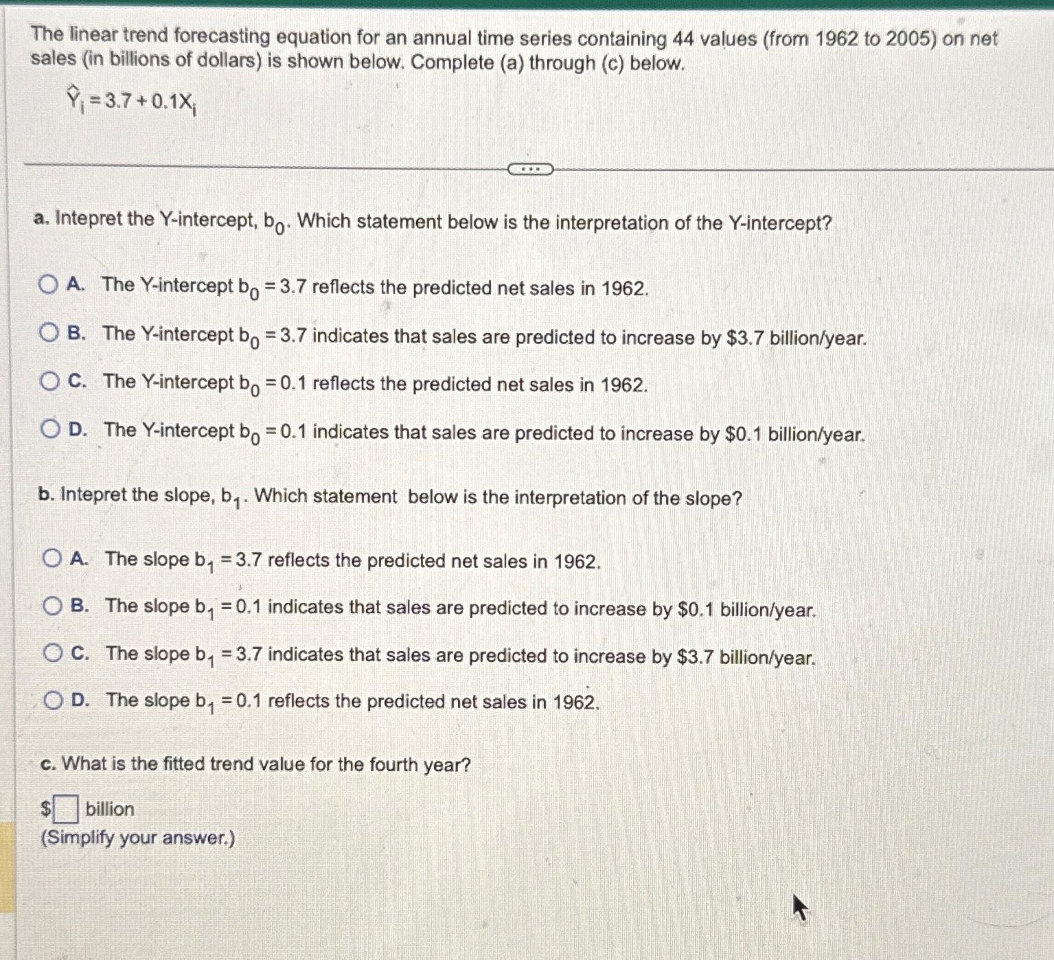 Solved The linear trend forecasting equation for an annual | Chegg.com