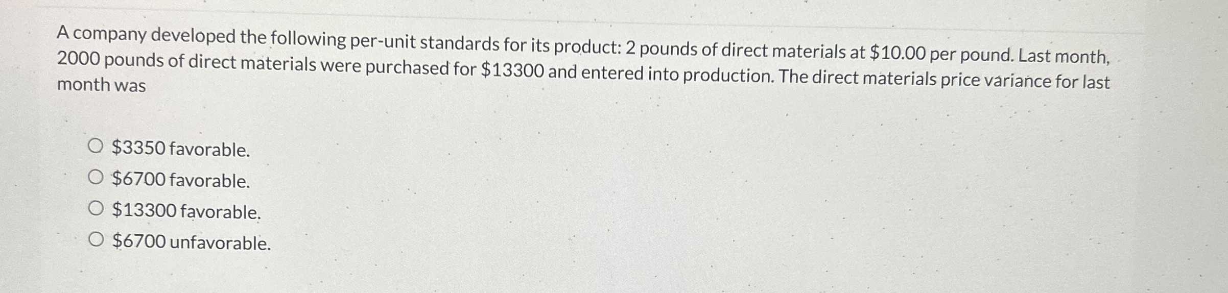 Solved A company developed the following per-unit standards | Chegg.com