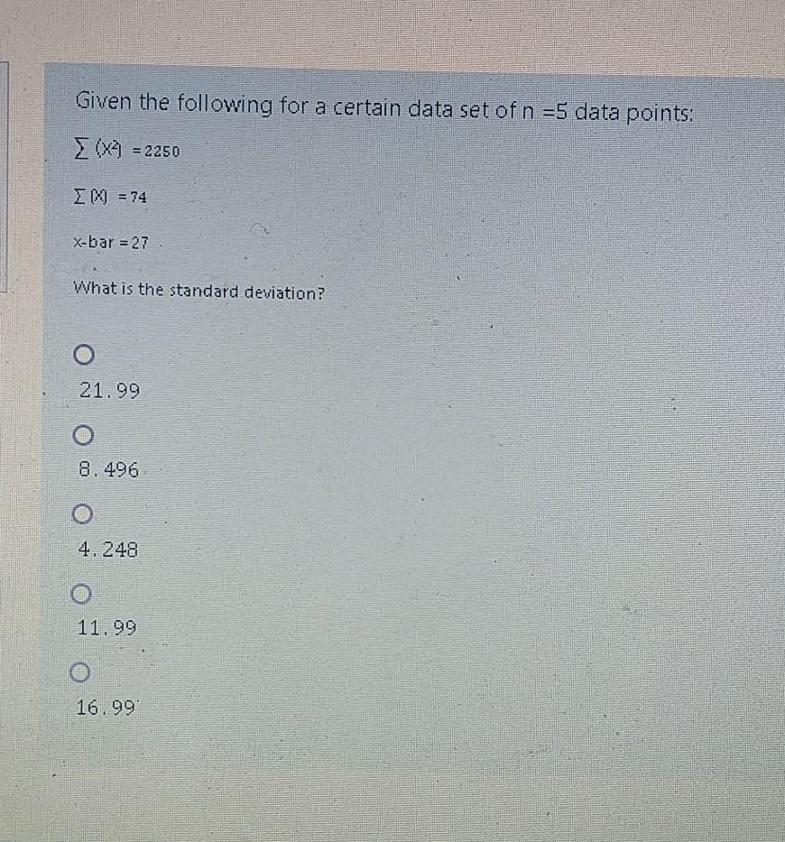 Solved Given the following for a certain data set of n =5 | Chegg.com