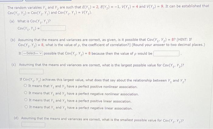Solved The random variables Y1 and Y2 are such that | Chegg.com