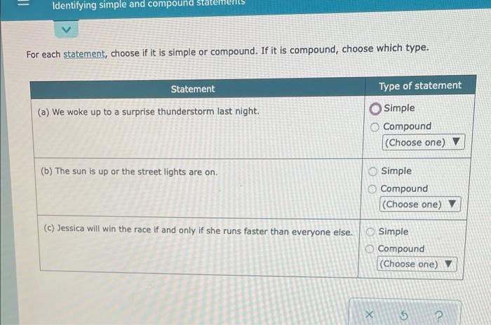 Solved Identifying simple and compound For each statement, | Chegg.com