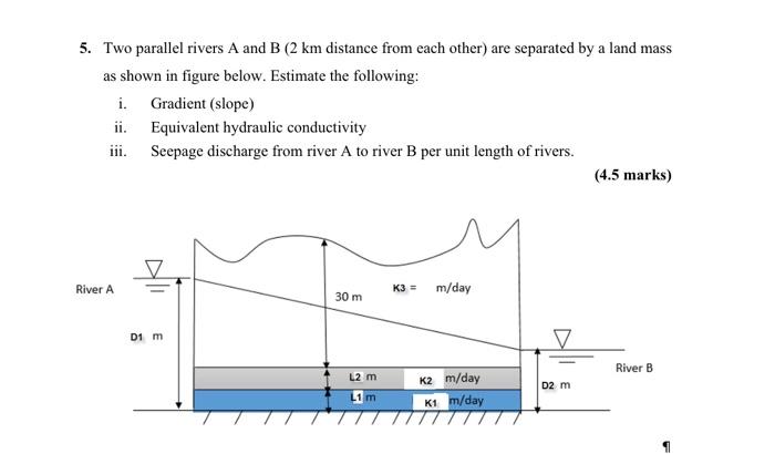 Solved 5. Two parallel rivers A and B (2 km distance from | Chegg.com
