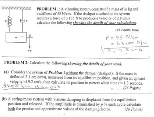 Solved PROBLEM I: A vibrating system consists of a mass of m | Chegg.com