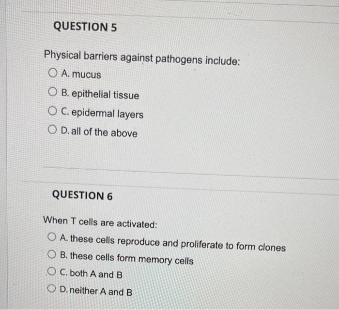 Solved QUESTION 5 Physical barriers against pathogens | Chegg.com