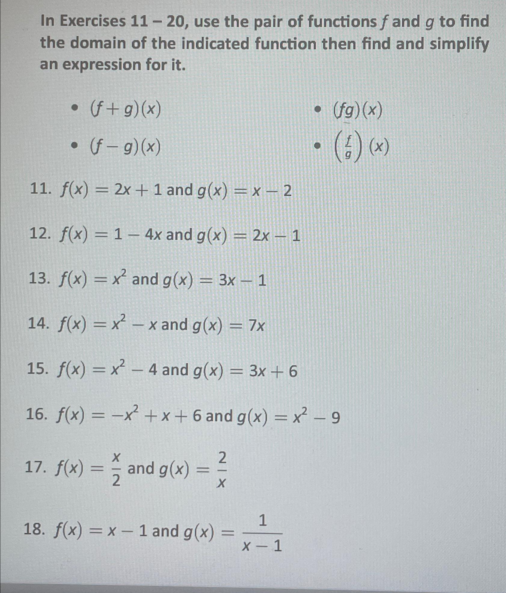 Solved In Exercises 11-20, use the pair of functions f and g | Chegg.com